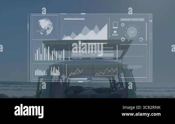 Animation of data analytics interface with graphs and charts over beach ...