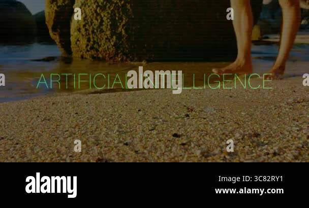 Walking on sandy beach, animation overlay with Artificial Intelligence ...