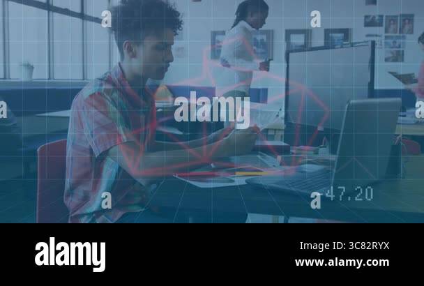 In school, professionals working at desks with digital data animation ...