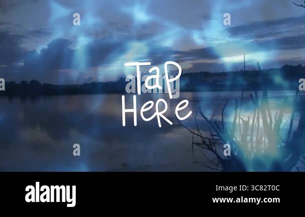 Animation of serene lake landscape with blue abstract overlay and Tap ...