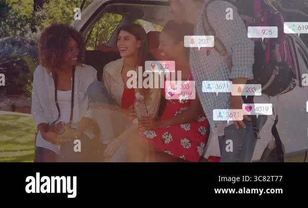 Group of friends in animation style gathering outdoors with social ...