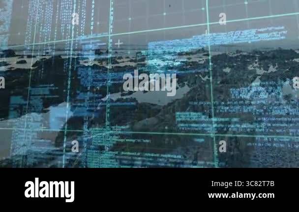Coding animation overlaying digital data on rocky coastal landscape at ...