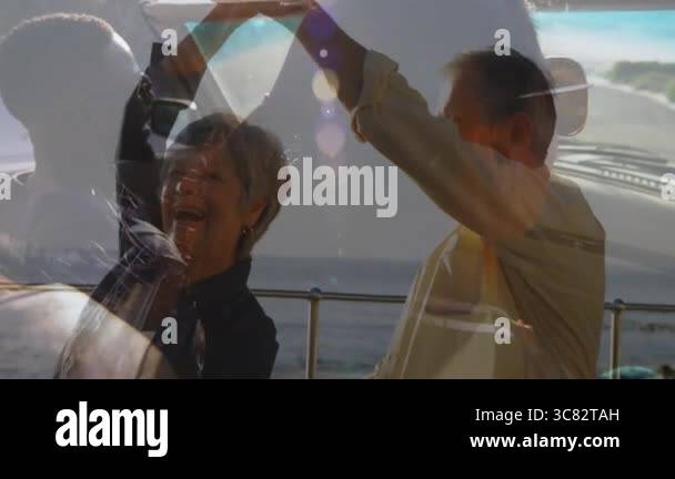 Dancing joyfully, people in animation overlaid on scenic drive in ...