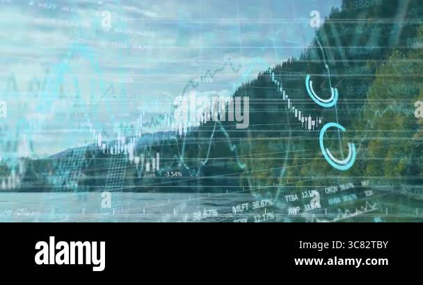 Animation of financial data and stock market graphs overlaying mountain ...