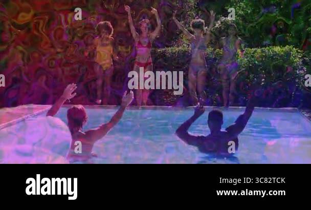 People jumping into pool with colorful psychedelic swirl animation ...