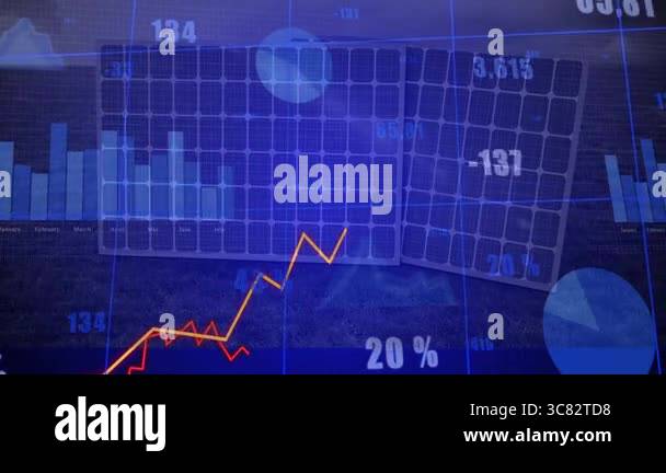 Animation of financial graph with percentages on solar panels in school ...