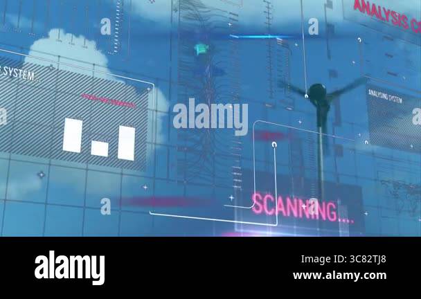 Animation of futuristic scanning system with digital data and palm tree ...
