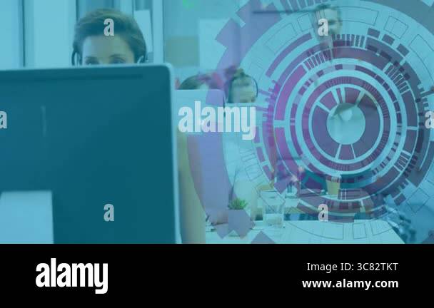 People working at computers with digital data processing animation ...