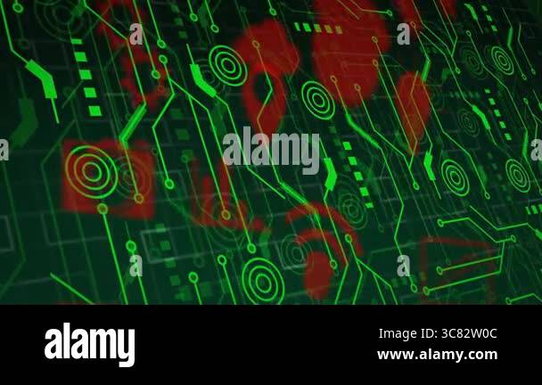 Animation of green circuit patterns with red digital elements for futuristic technology. cyber ...