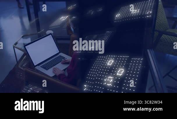 Using laptop, person viewing binary code animation overlay in school setting. Technology, coding ...