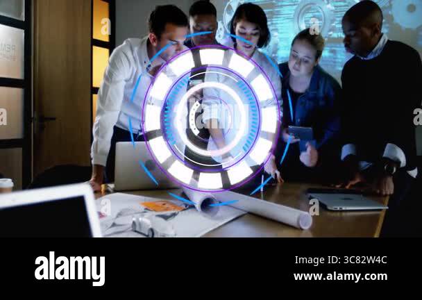 In modern office, diverse team collaborating with futuristic digital ...