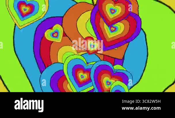 Creating vibrant animation, colorful overlapping hearts form abstract ...