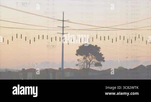 Transmission tower with power lines and measurement scale overlay at ...