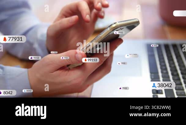 Using smartphone, hands interacting with digital notifications and ...