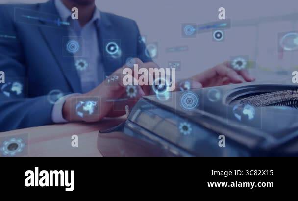 Typing on laptop, business professional with digital data processing ...