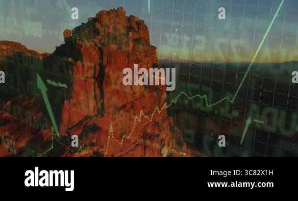 Stock market data and growth chart animation over rocky mountain ...