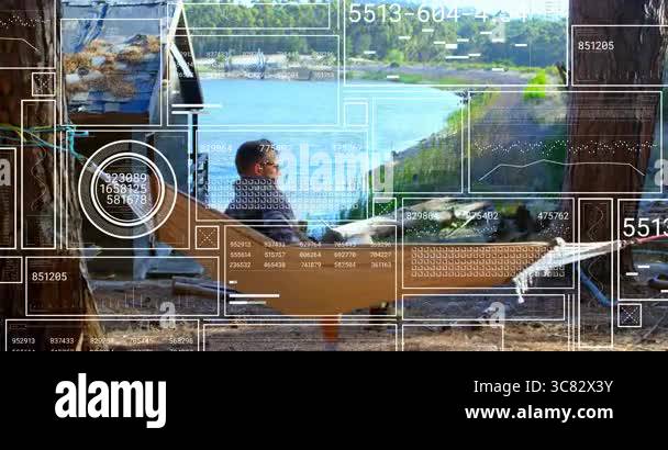 Digital data interface animation over person relaxing by lakeside cabin ...