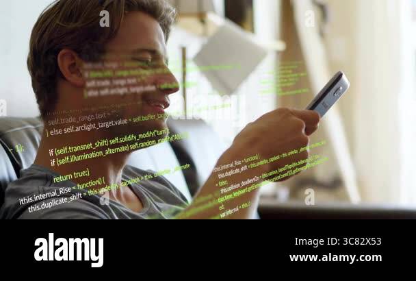 Using smartphone, man with green coding animation overlaying his ...