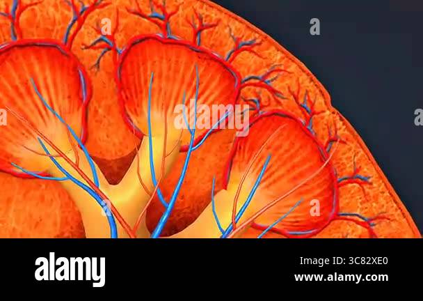 3D animation depicts a cross section of the kidney, highlighting its ...