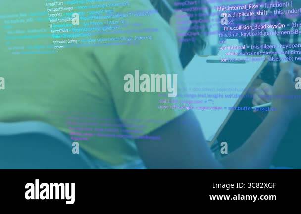 Discussing programming code overlay, people reviewing clipboard in school setting. Technology ...