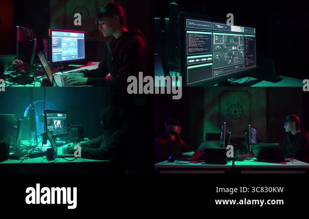 Hackers work amid glowing screens. They tackle cyber threats with swift coding, guarding digital ...