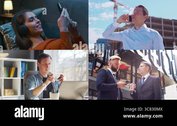 Collage with many different people using smartphone devices. Set ...