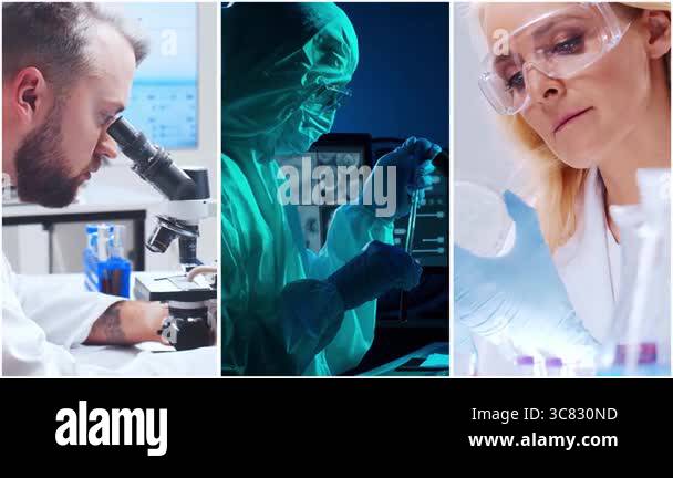 Technology and medical concept. Scientists, lab equipment and ...