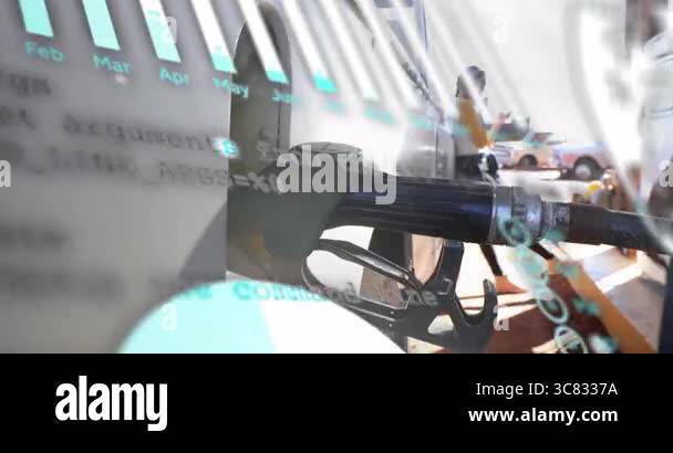 Fuel pump nozzle filling vehicle with graph animation overlay showing ...