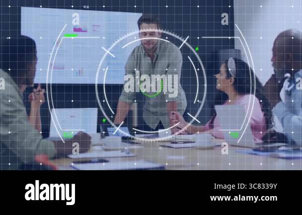 In meeting room, business team analyzing data using digital interface ...