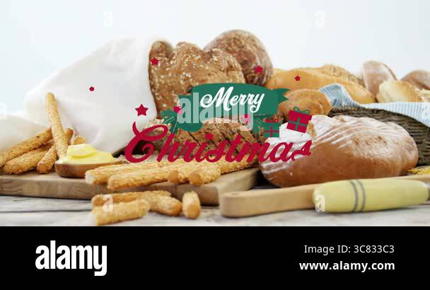 Christmas animation with festive icons over assorted bread and pastries ...