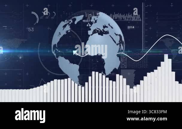 Globe and bar graphs with digital data and waveforms in futuristic ...