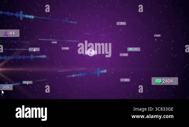 Animation of digital data points and graphs floating in starry purple ...