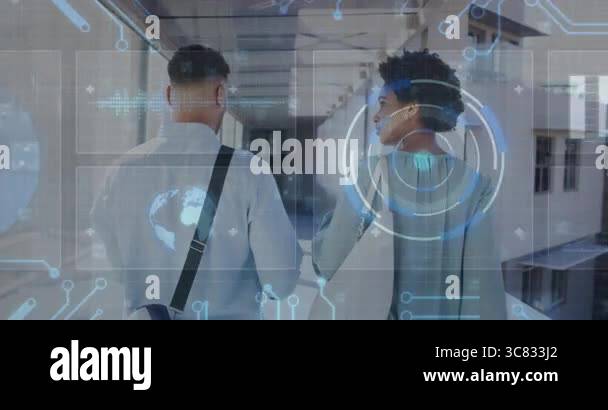 In office, professionals walking with digital data processing animation ...