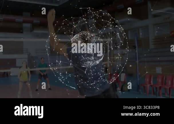 Volleyball players in gym with digital network connections animation overlay. Sports, teamwork ...
