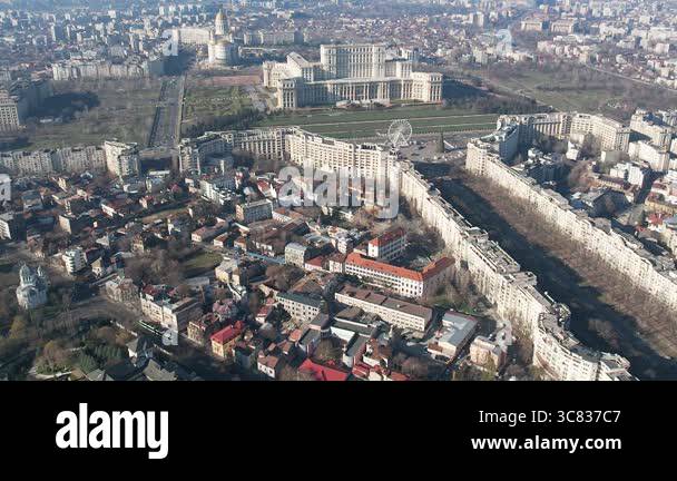 Aerial drone view over Bucharest downtown cityscape, Romania. Palace of ...