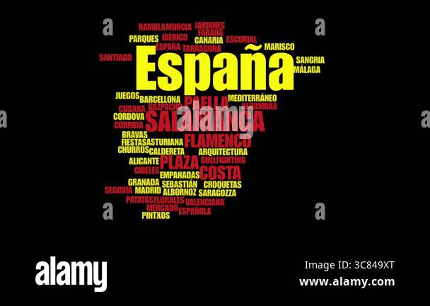 animated word cloud with spanish map silhouette on a black background ...
