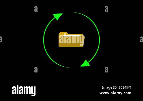 A yellow folder surrounded by green circular arrows on a black background, symbolizing ...