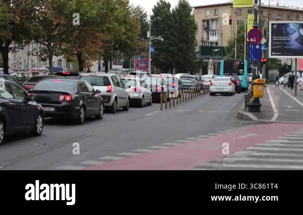 Car congestion at rush hour, car pollution and traffic jam in European ...