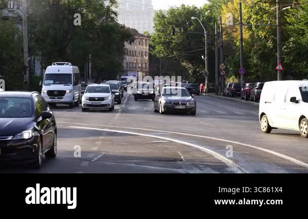 Car congestion at rush hour, car pollution and traffic jam in European ...