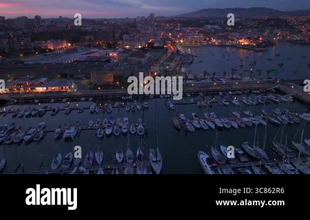 Cascais in the Night after sunset, Blue Hour, Twilights. Aerial view ...