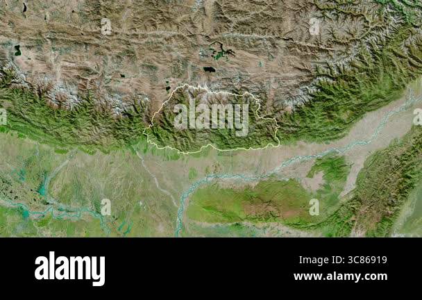 Bhutan map - zoom. Regions. Satellite Stock Video Footage - Alamy