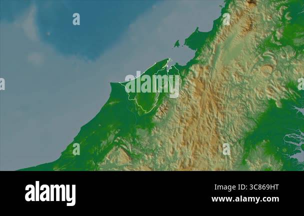 Brunei map - extract. Regions. Physical Stock Video Footage - Alamy