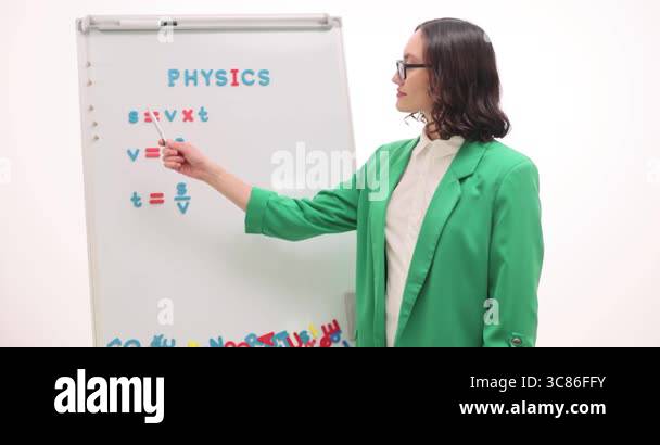 Positive female teacher explains formulas on magnetic board on white ...