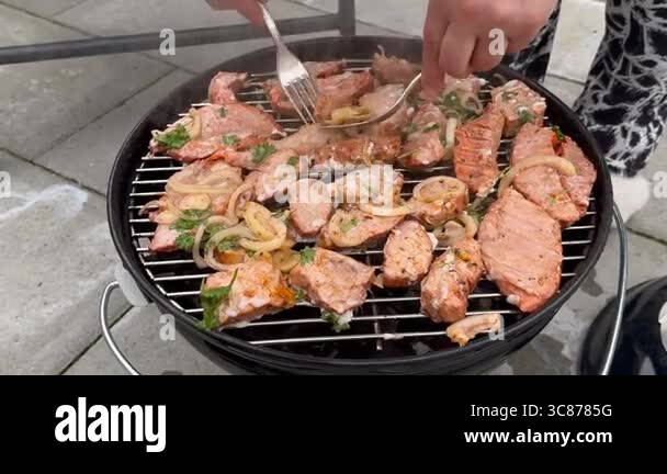 Woman basting meat on barbecue with fresh herbs, Beef grilling picnic ...