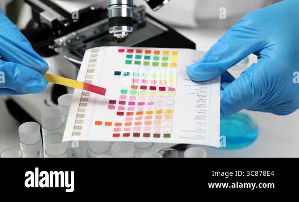 Person in gloves holds urine test strip near color chart for comparison ...