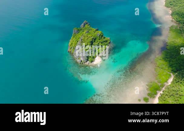 A pristine islet with sandy beach surrounded by corals and turquoise waters. Cadlao Island. El ...