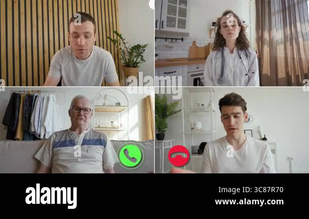 Split screen shows four participants in an online health consultation, each in their home ...