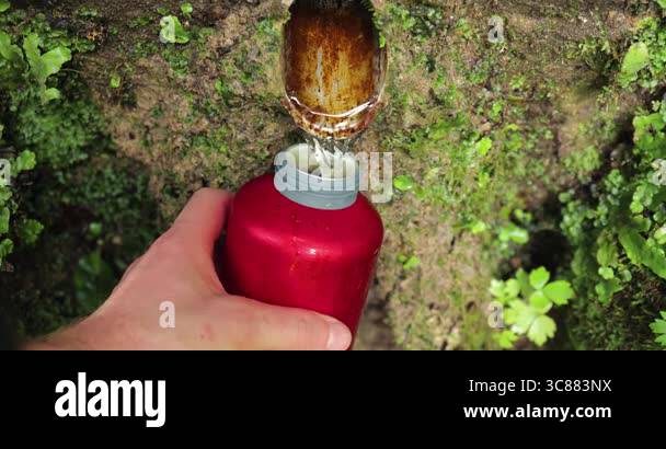 Refilling water bottle at a spring hiking in the forest, clean water ...