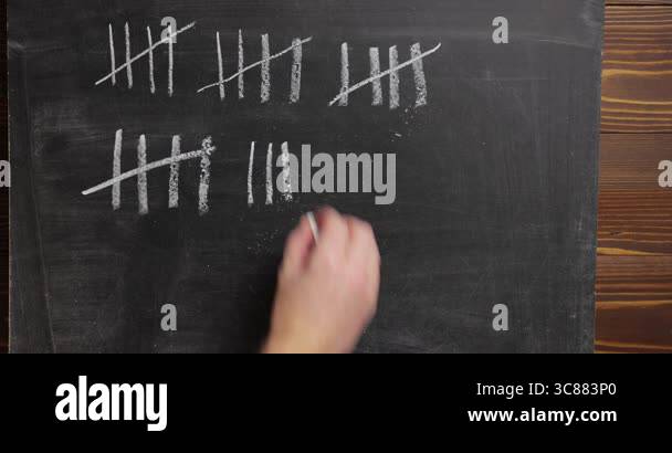 Drawing counting tally chart with chalk, marks in groups of five, hand ...