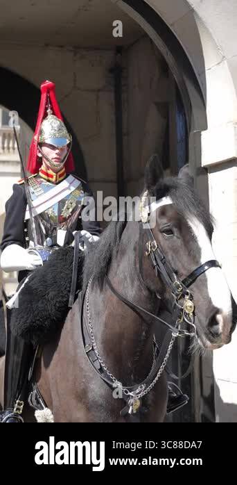 London, uk. April, 17, 2025: member of the queens guard riding a black ...